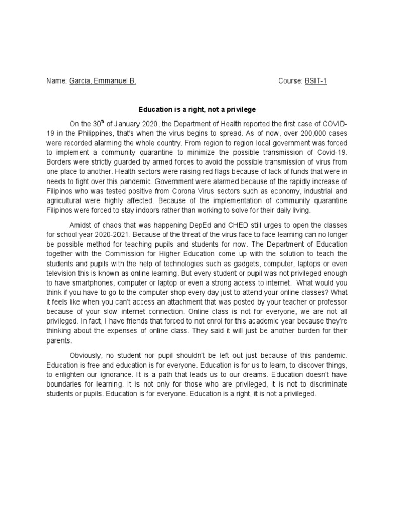 Education Is A Right, Not A Privilege | PDF | Educational Technology ...