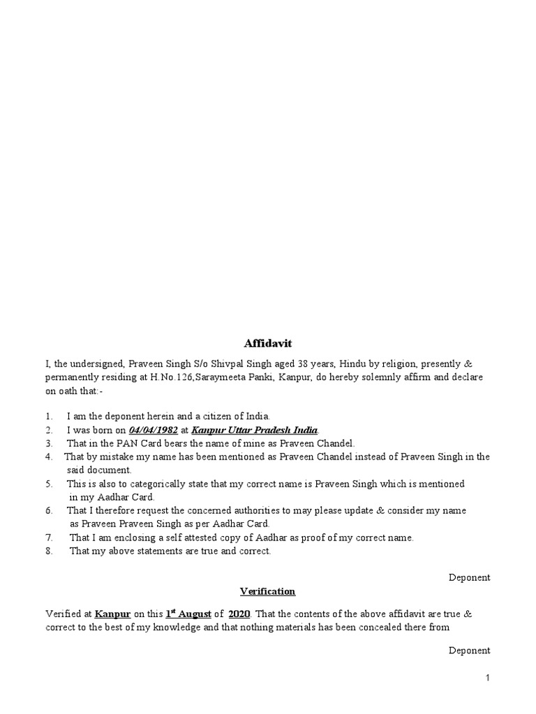 Affidavit: Verification August of 2020. That The Contents of The Above ...