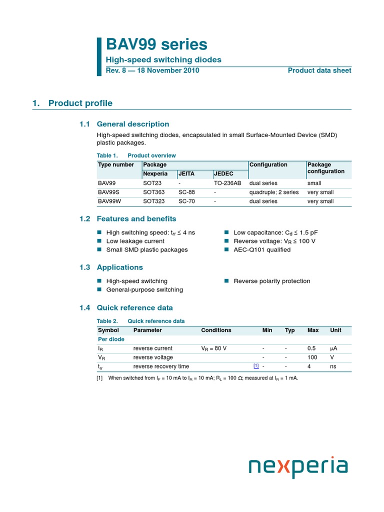 BAV99 Series: 1. Product Profile | PDF | Diode | Anode