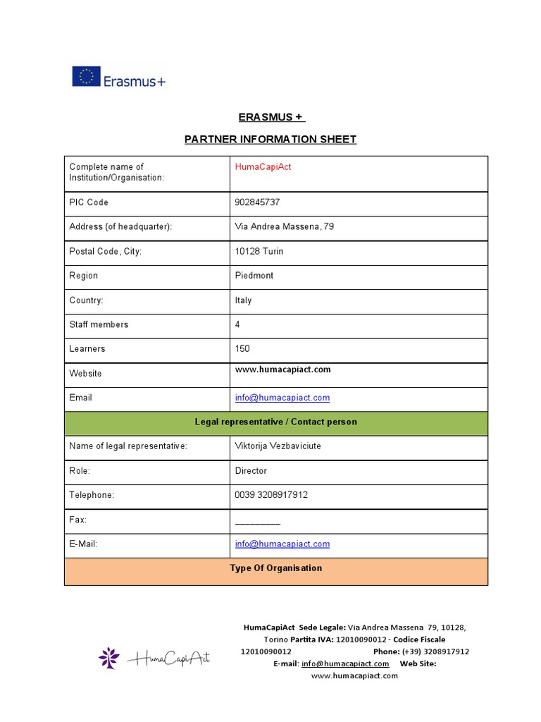 Erasmus + Partner Information Sheet: Humacapiact | Download Free PDF | Vocational Education ...