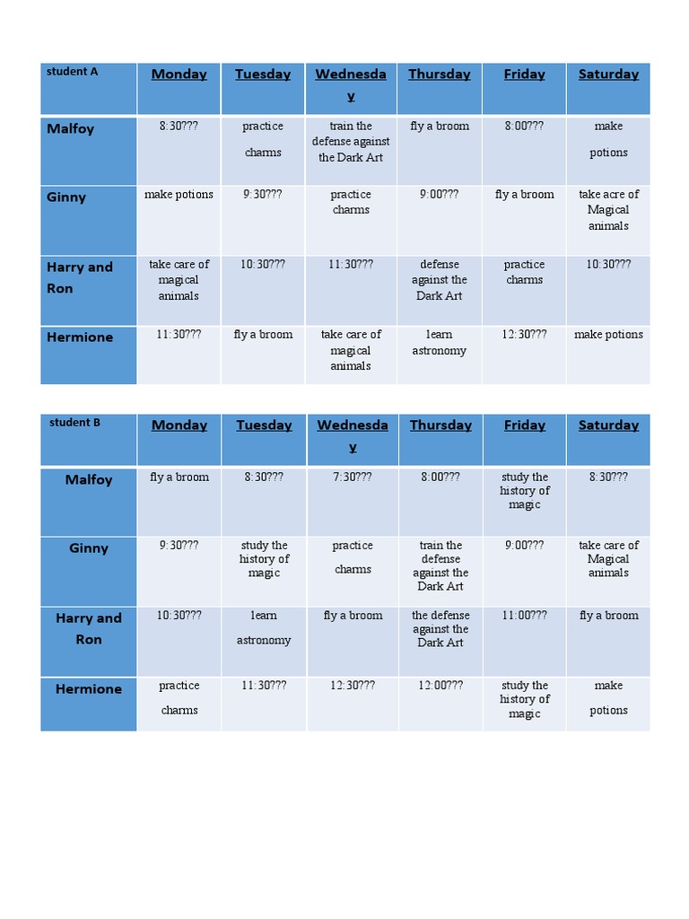Monday Tuesday Wednesda y Thursday Friday Saturday: Student A | PDF