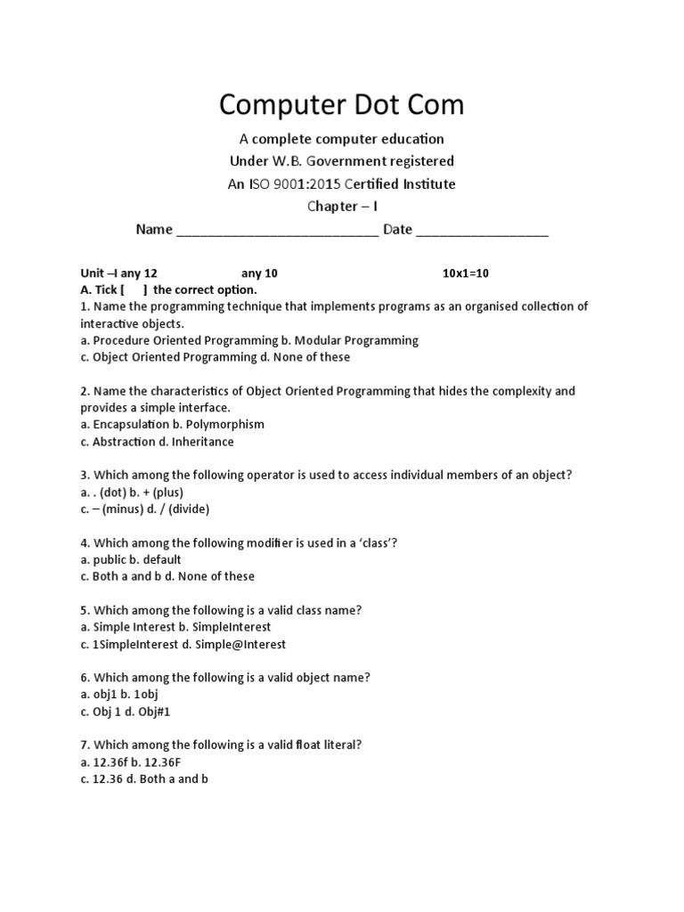 Computer Education Object Oriented Programming Pdf Class Computer Programming Object