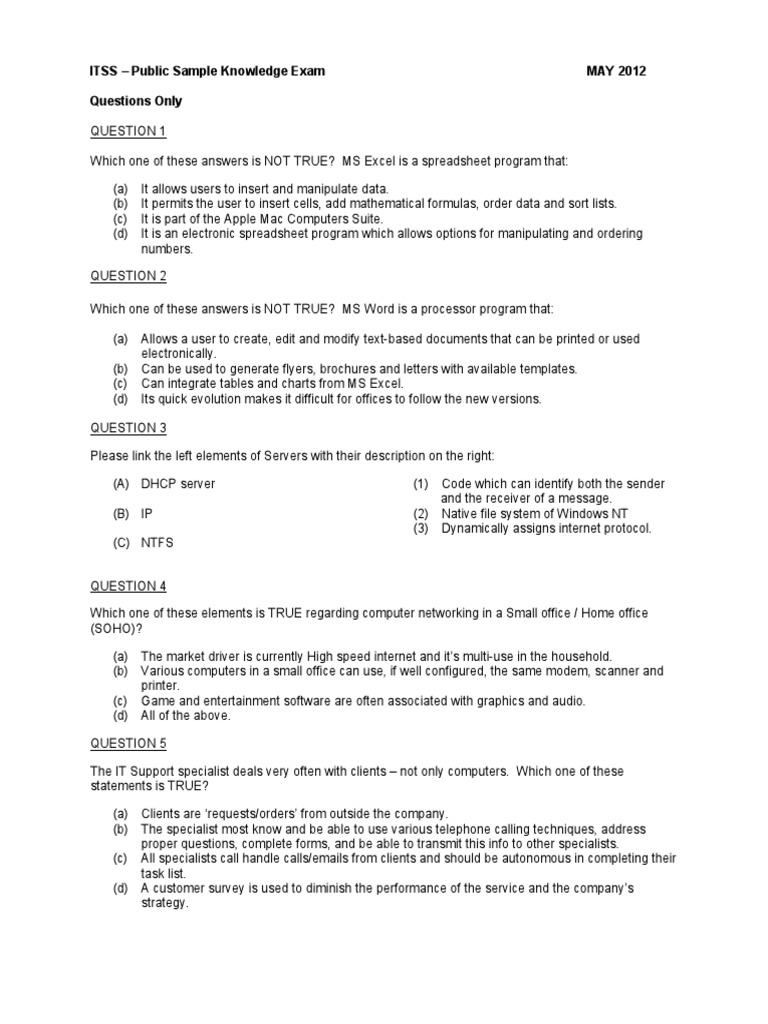 ITSS - Public Sample Knowledge Exam MAY 2012 Questions Only | PDF ...