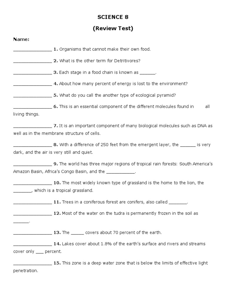 Science 8 (Review Test) : Name | PDF | Rainforest | Forests