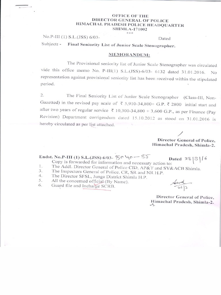 Final Seniority List of Junior Scale Stenographer | PDF