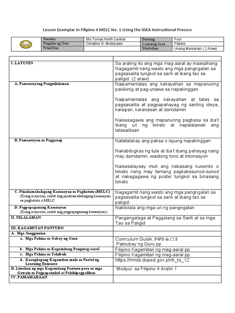 Lesson Exemplar in Filipino 4 MELC No.1 Day 1 2 | PDF