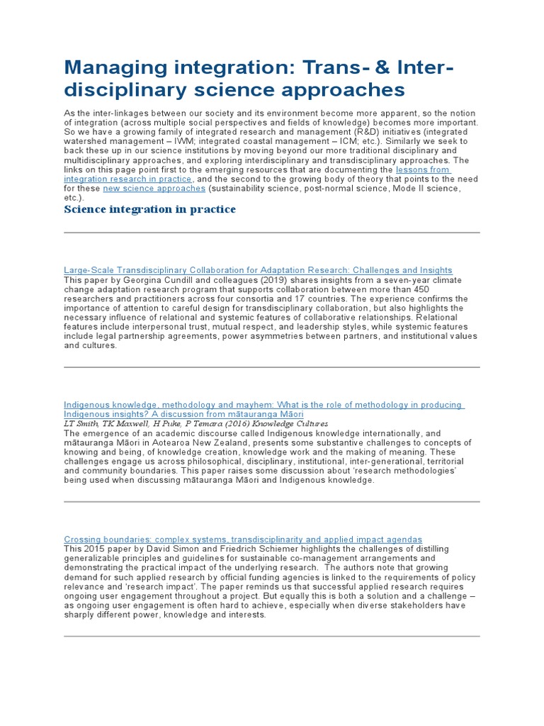 Managing Integration: Trans-& Inter - Disciplinary Science Approaches ...