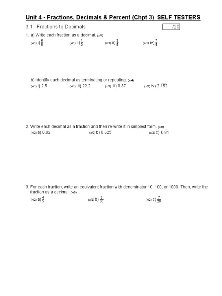 Fractions, Decimals, and Percent Self-Test | PDF | Fraction ...