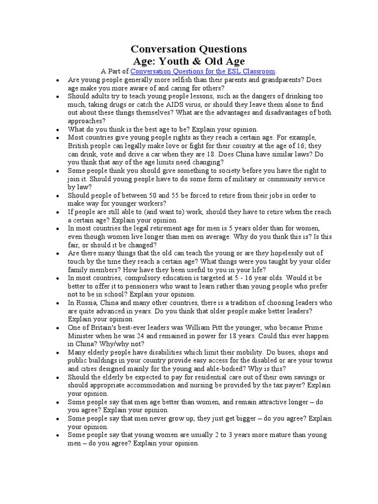 ESL Age Discussion Questions | PDF | Youth | Old Age