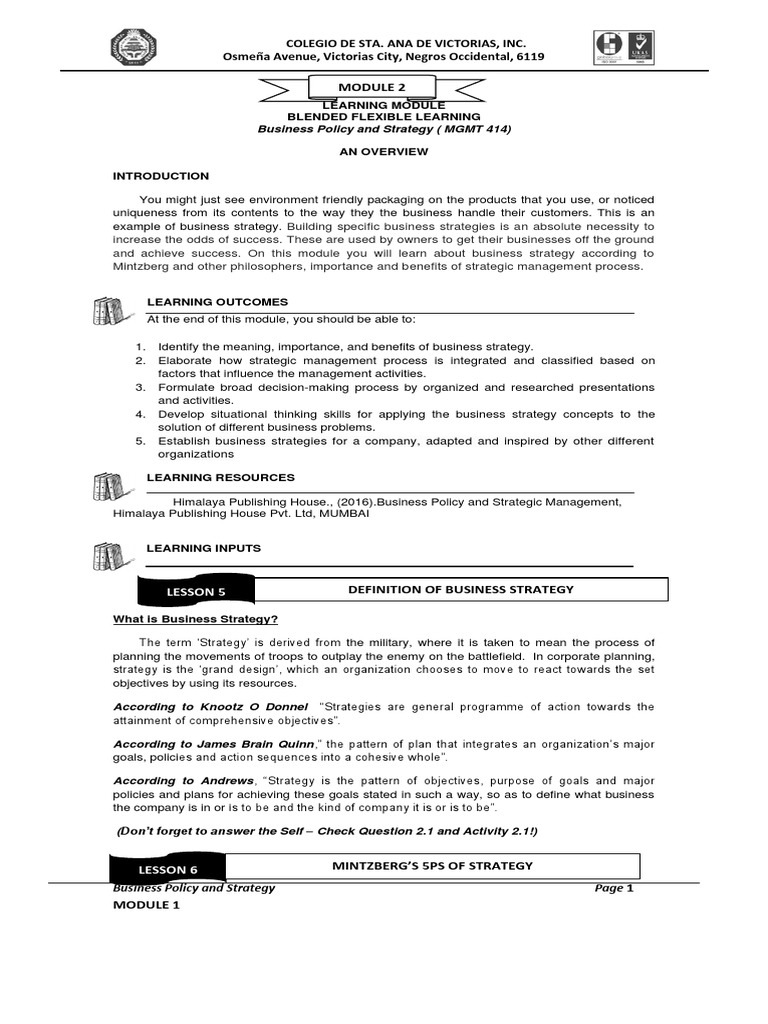 Prelim. Module 2. Lesson 5 - 8. Intro To Business Strategy (Business ...