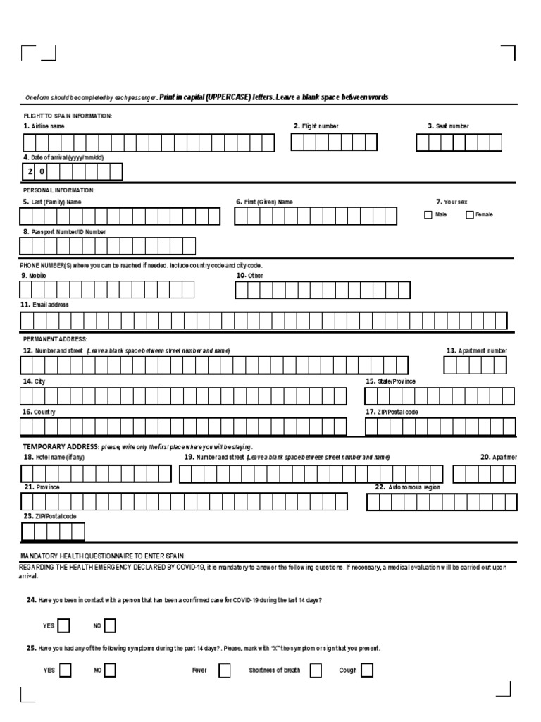 Passenger Flight Information Form for Travel to Spain | PDF | Wellness ...