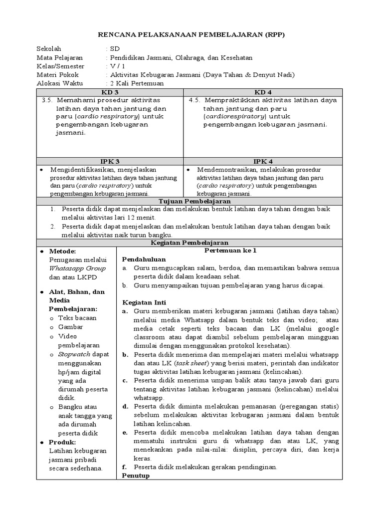 RPP PJOK Kelas 5 Pertemuan 1&2 | PDF | Karier & Perkembangan
