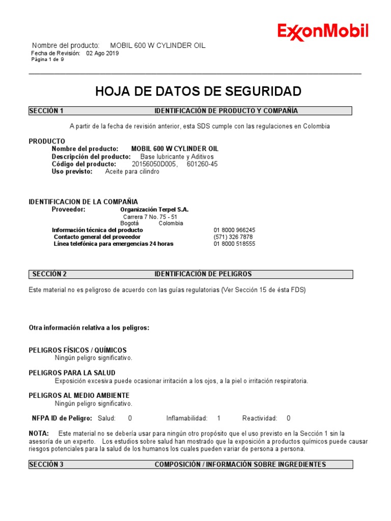 Mobil 600 W Cylinder Oil | PDF | Descarga electrostática | Toxicidad