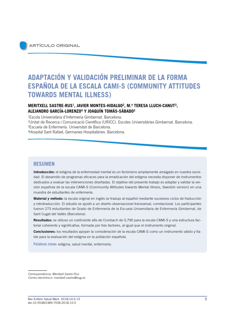 Adaptación Y Validación Preliminar de La Forma Española de La Escala ...