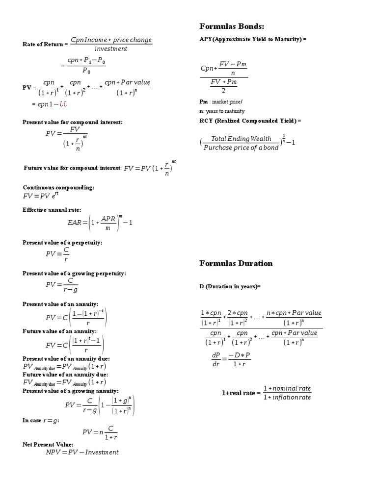 Cheat Sheet Finance | PDF | Present Value | Bond Duration