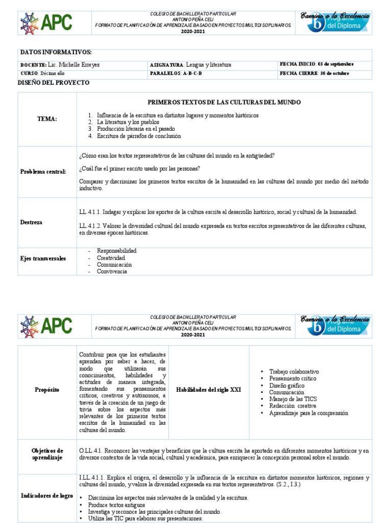 Plan Abp Décimo | PDF | Aprendizaje en base a proyectos | Escritura