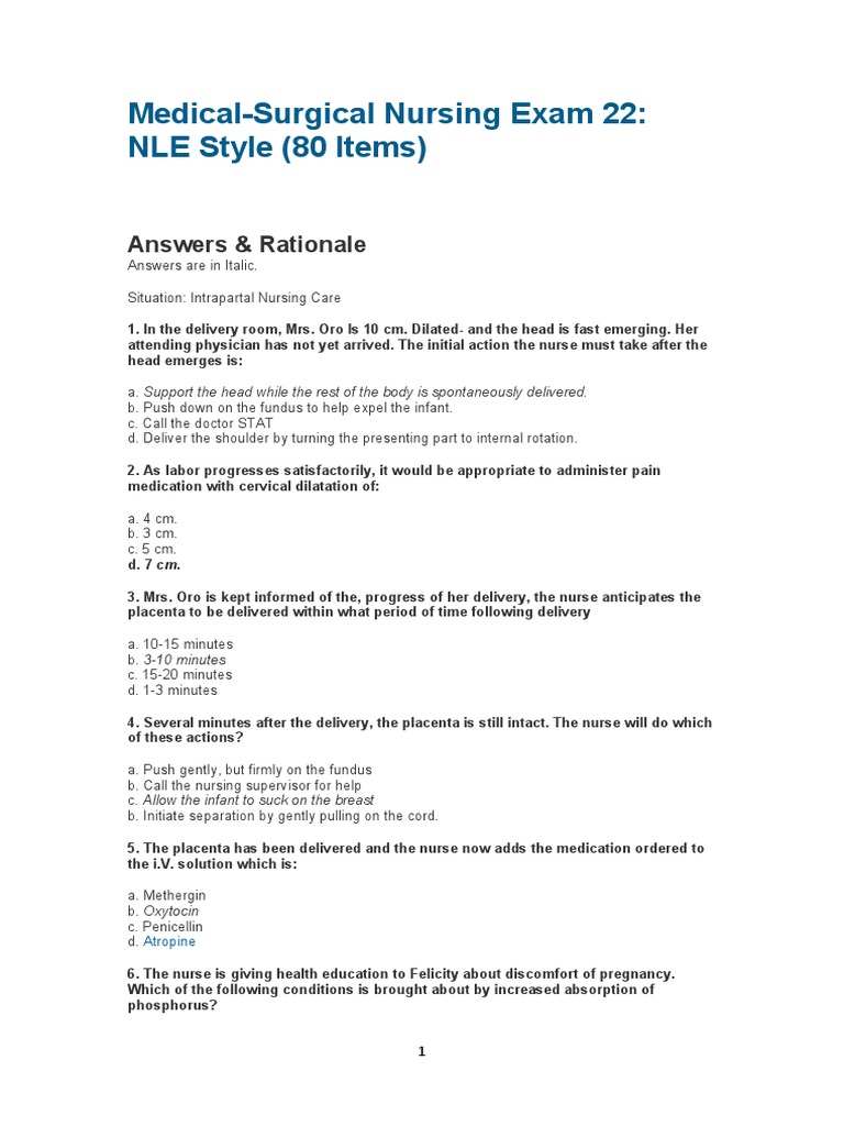 Medical-Surgical Nursing Exam 22: NLE Style (80 Items) : Answers ...
