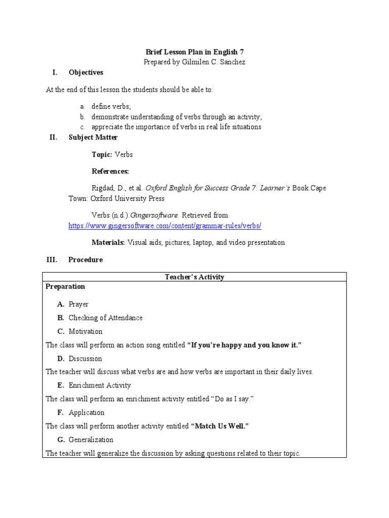 Brief Lesson Plan in English 7 | PDF