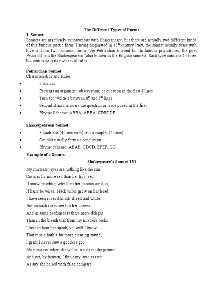 The Different Types of Poems | PDF | Sonnets | Poetry