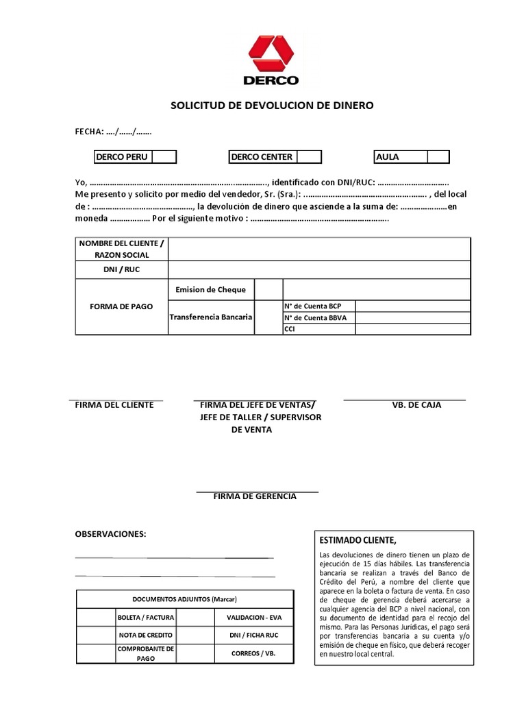 Solicitud de Devolucion de Dinero | PDF