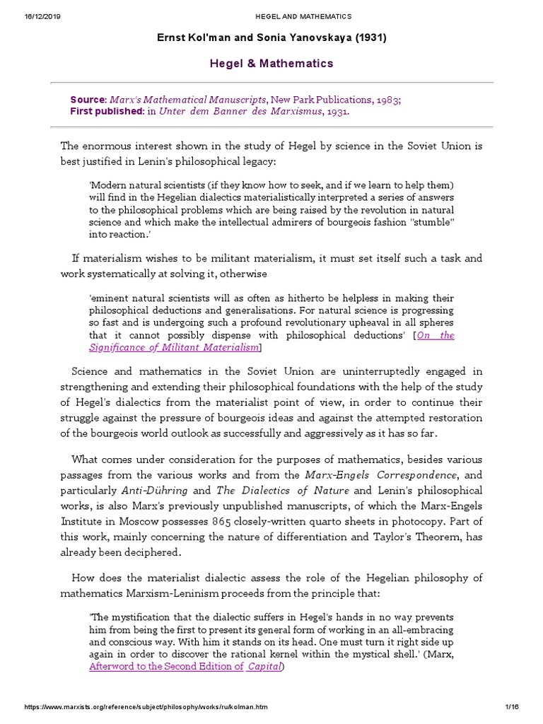 Kol'man - Yanovskaya - Hegel Mathematics | PDF | Dialectic | Idealism