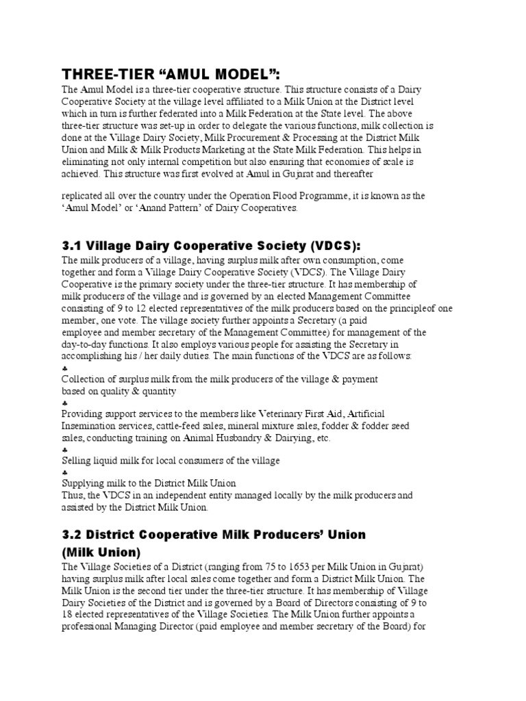 Three-Tier "Amul Model":: 3.1 Village Dairy Cooperative Society (VDCS ...