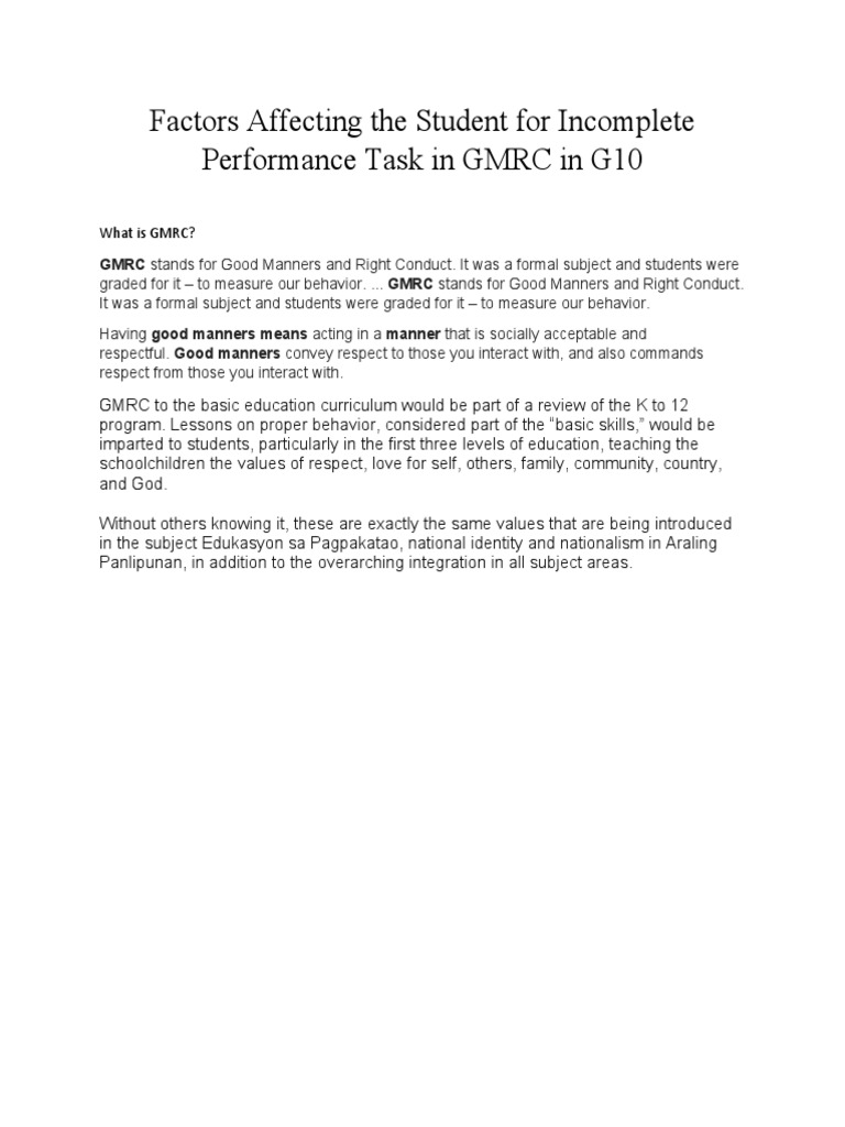 Factors Affecting The Student For Incomplete Performance Task in GMRC in G10 | PDF