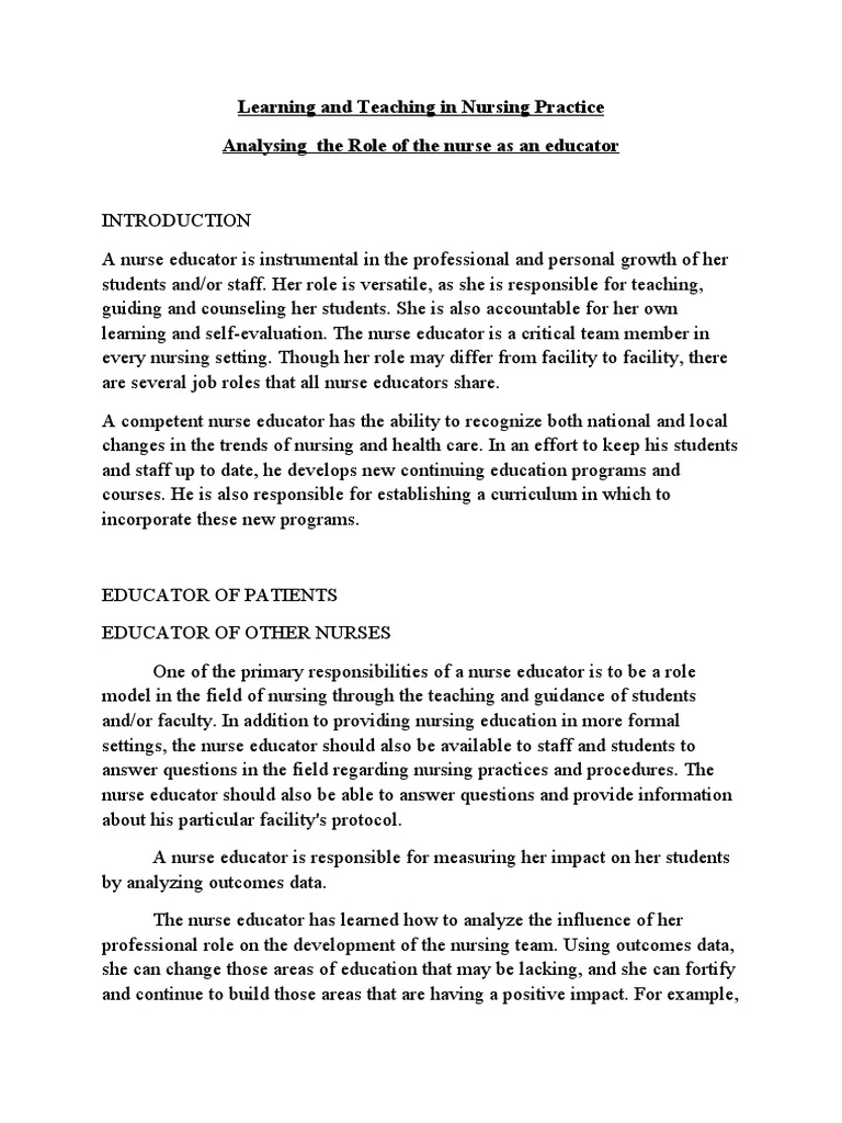 Learning and Teaching in Nursing Practice Analysing The Role of The ...