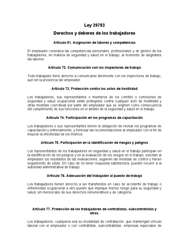 Ley 29783 Derechos y Deberes de Los Trabajadores. | PDF | Derecho laboral | Empleo