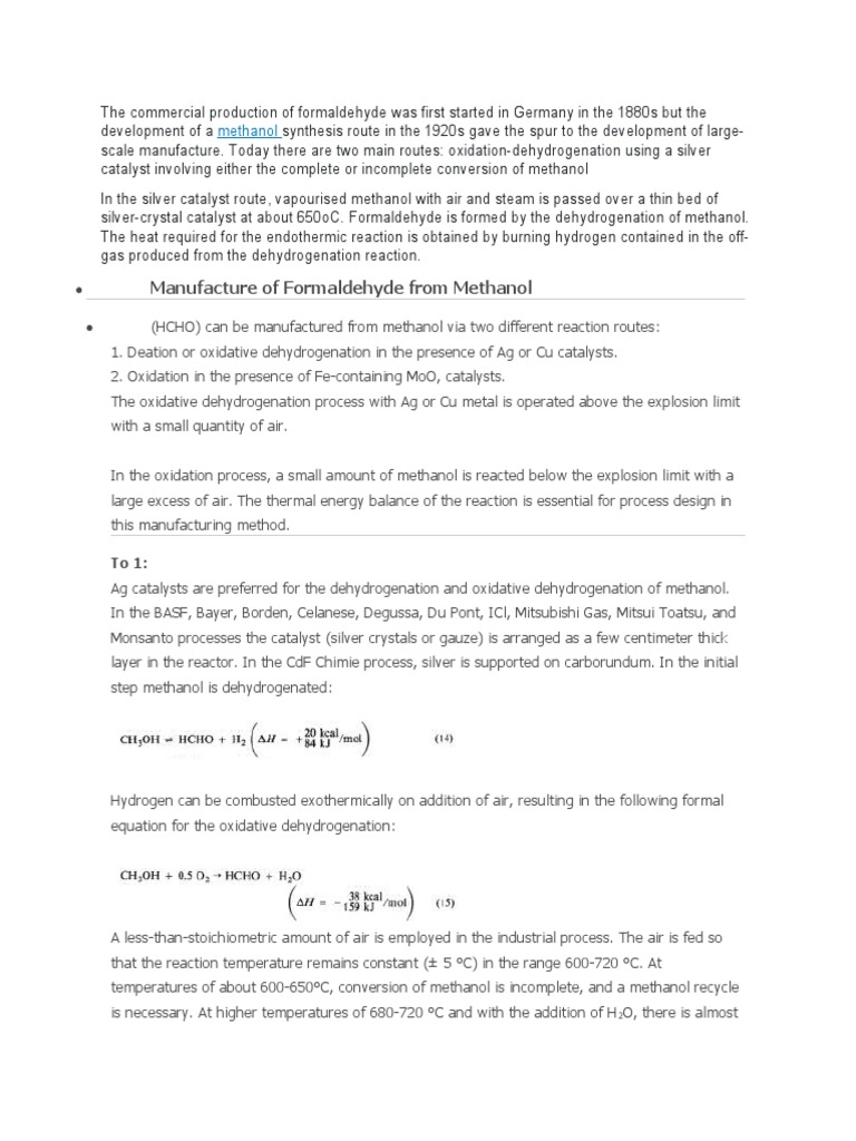 Manufacture of Formaldehyde From Methanol | PDF | Methanol | Catalysis