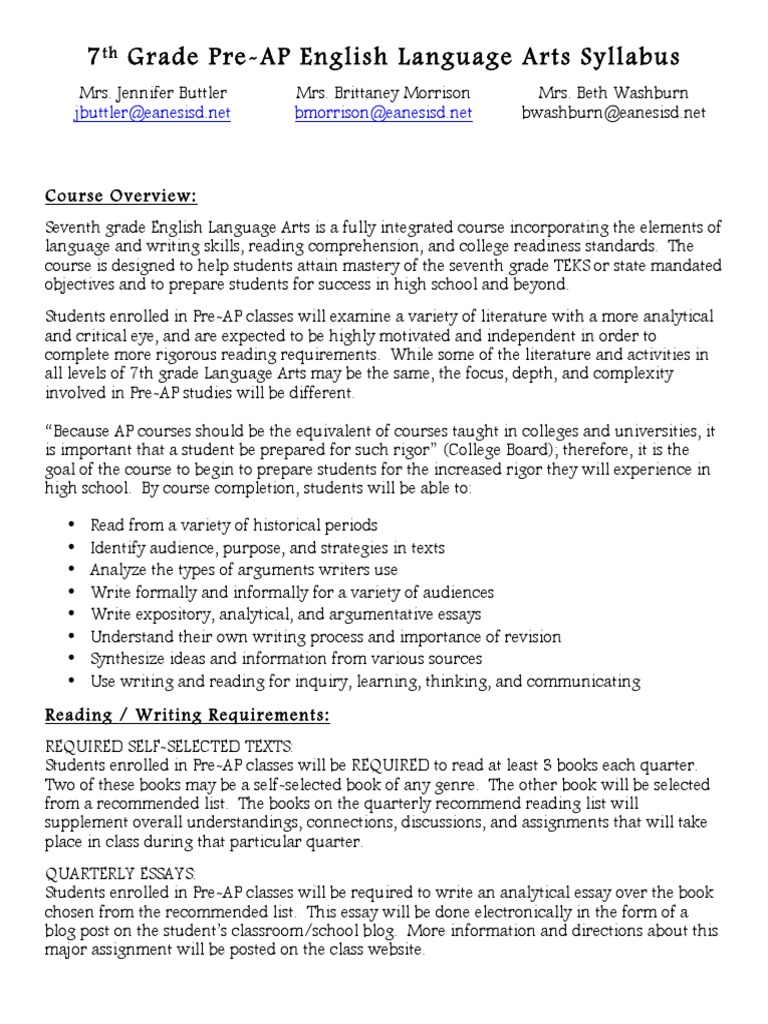 7th Grade Pre-AP ELA Syllabus | PDF | Advanced Placement | Academic ...