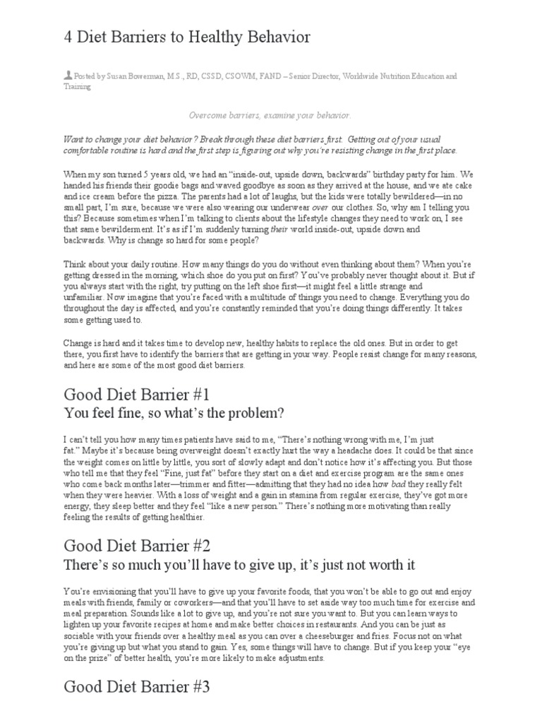 4 Diet Barriers To Healthy Behavior | PDF | Foods | Nutrition