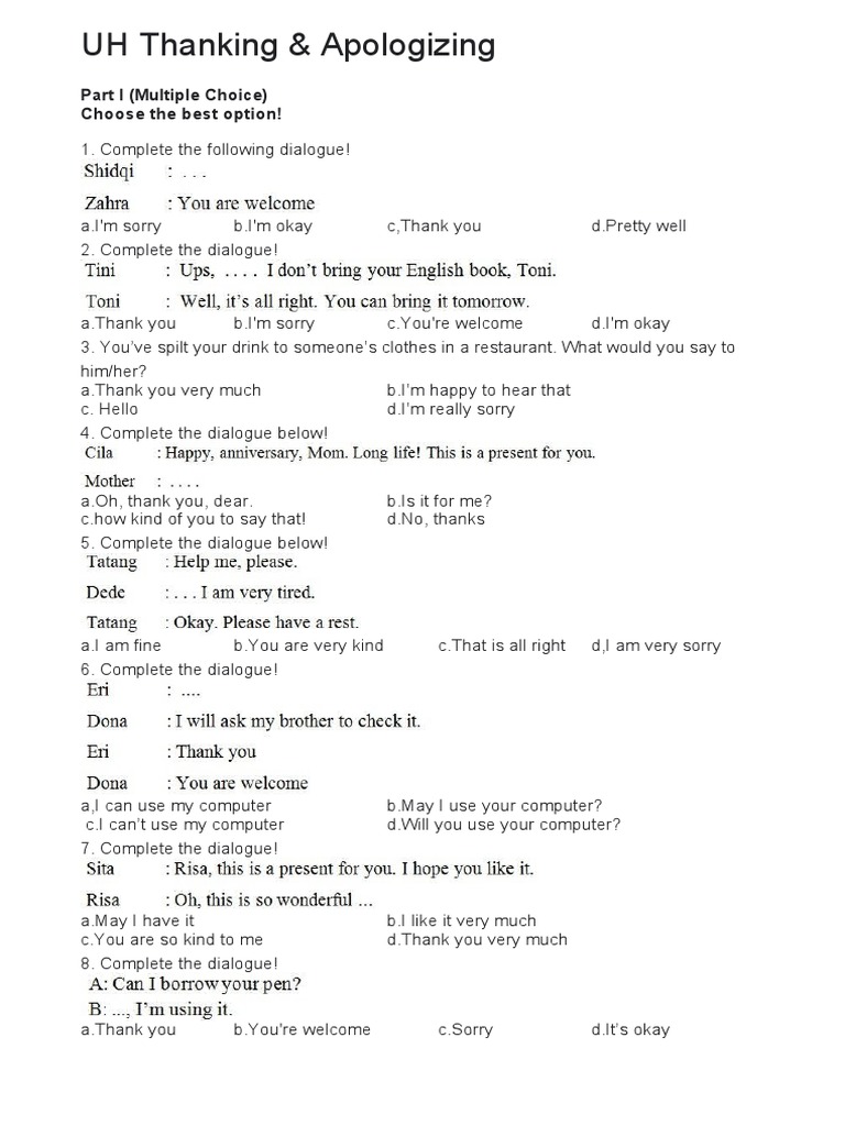 UH Thanking & Apologizing: Part I (Multiple Choice) Choose The Best Option! | PDF | Language ...