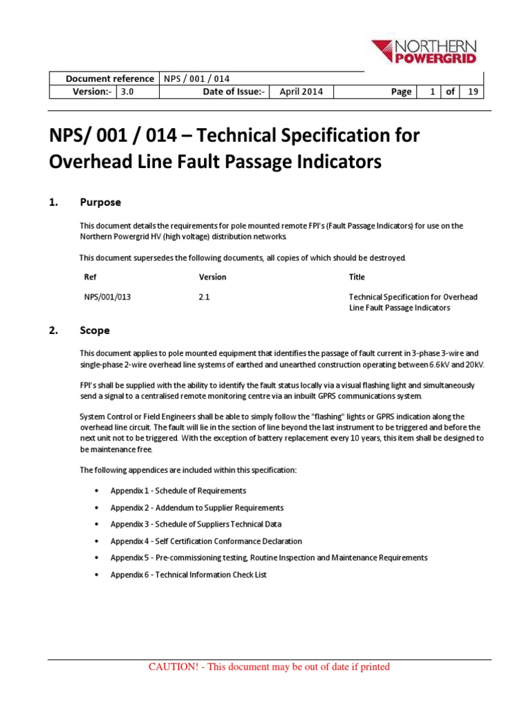 NPS/ 001 / 014 - Technical Specification For Overhead Line Fault ...