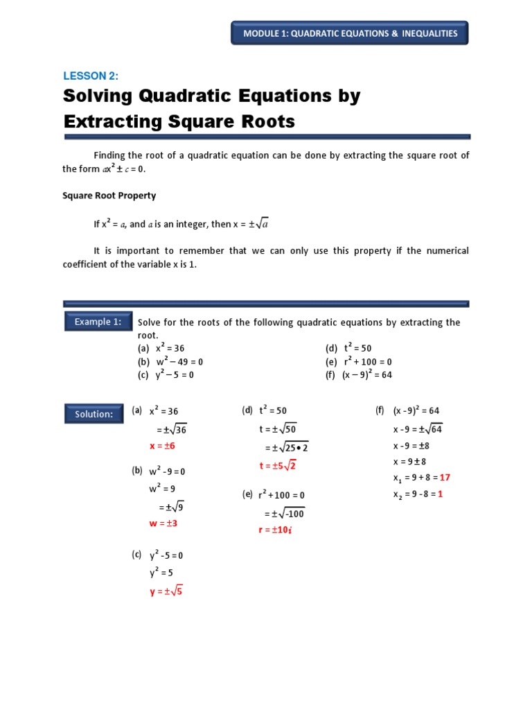 Solving Quadratic Equations by Extracting Square Roots: Lesson 2 | PDF ...