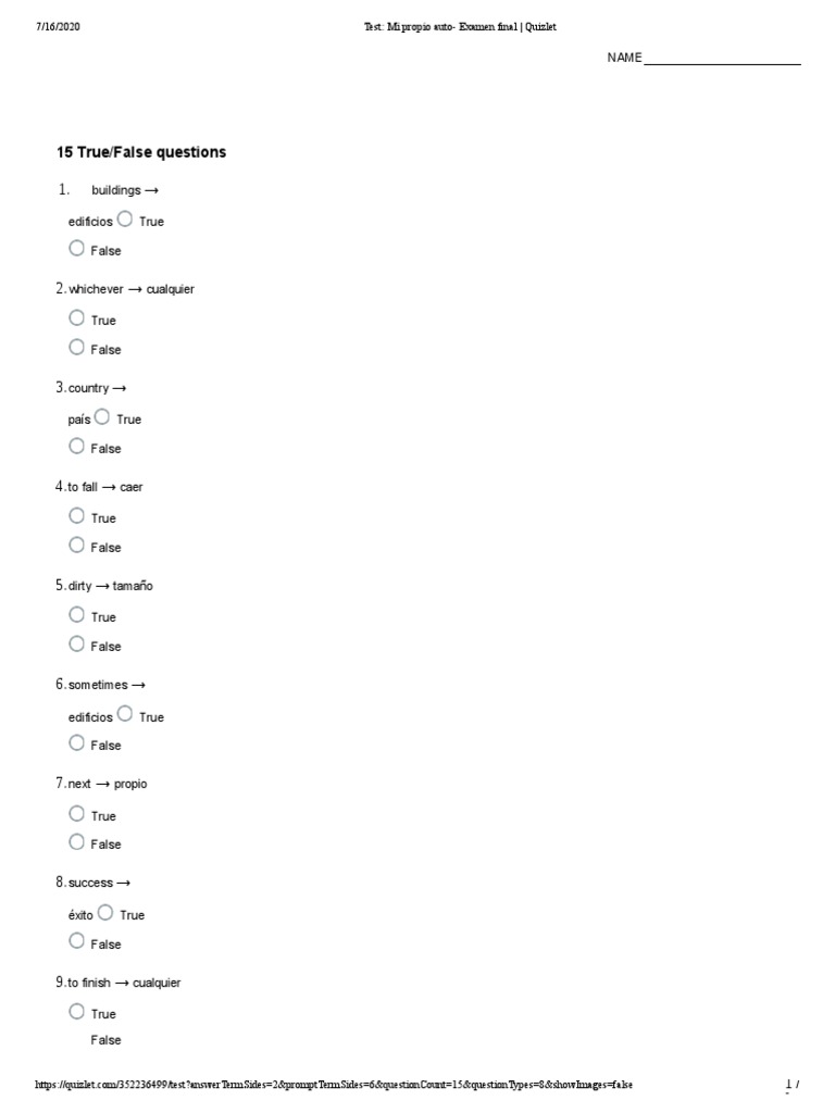 Test - Mi Propio Auto - Examen Final - Quizlet | PDF