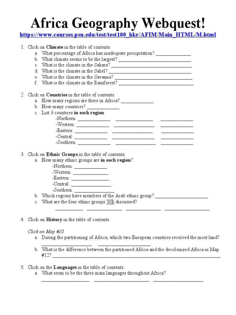 Africa Geography Webquest | PDF | Africa | Climate