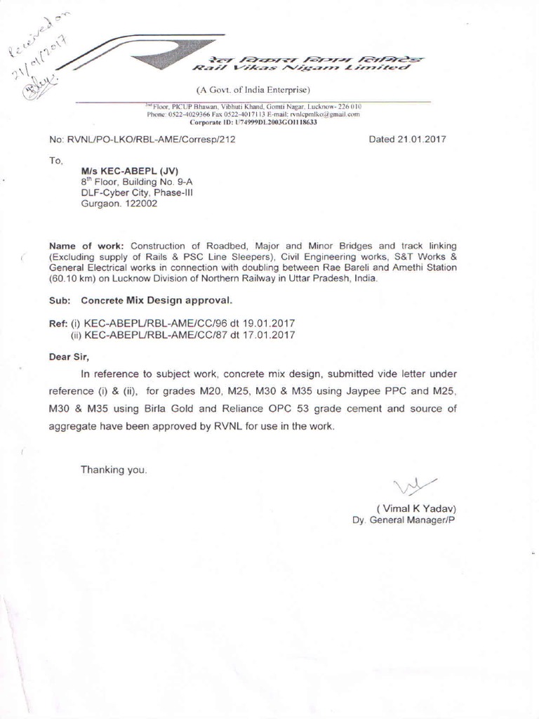 Design Mix Approval Letter by RVNL PDF | PDF