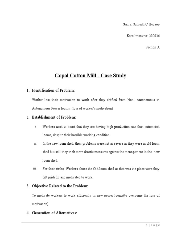 Gopal Cotton Mill - Case Study: 1. Identification of Problem | PDF | Loom | Weaving