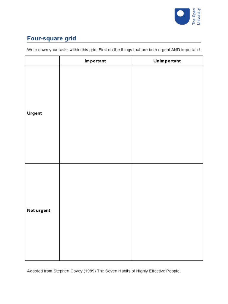 Four-Square Grid: Important Unimportant | PDF