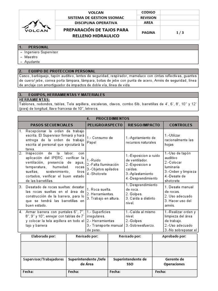 PETS 43 Preparación de Tajos para Relleno Hidráulico | PDF