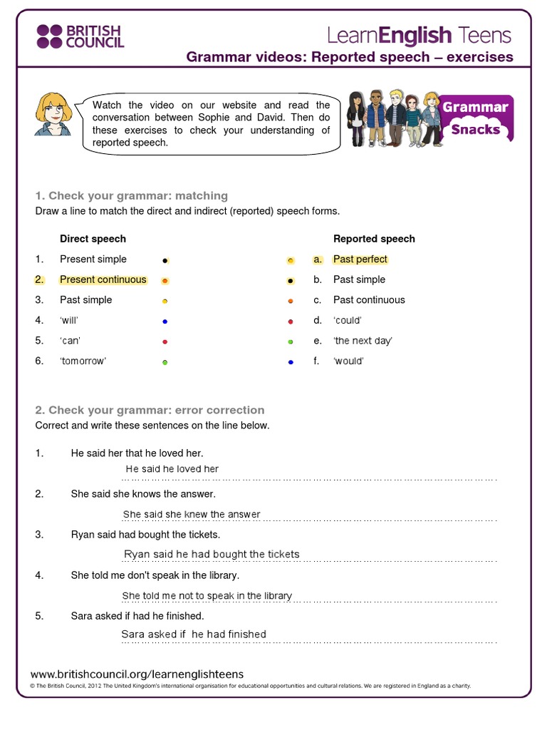 Grammar Videos: Reported Speech - Exercises: 1. Check Your Grammar ...