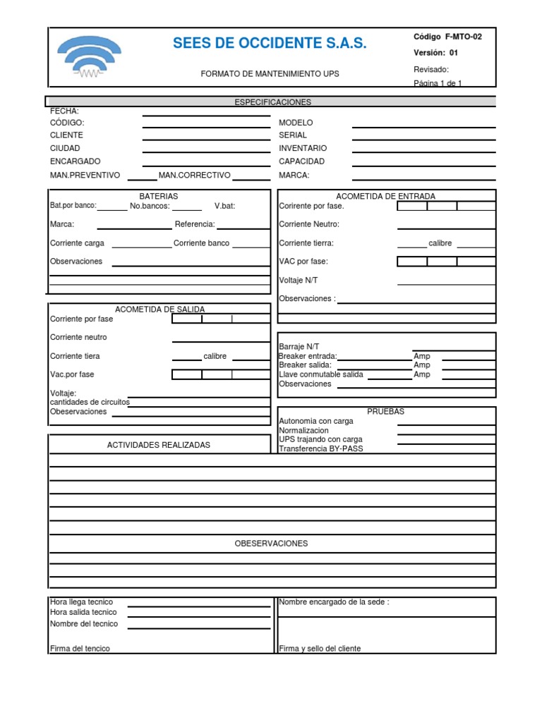 Formato estándar para el mantenimiento preventivo y correctivo de UPS ...