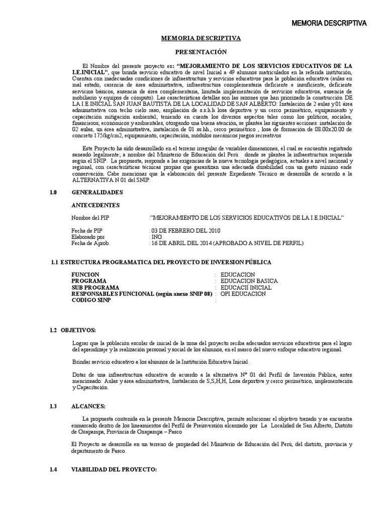 MEMORIA DESCRIPTIVA EXP. TEC. EDUC INICIALdoc | PDF | edificio | Materiales de construcción