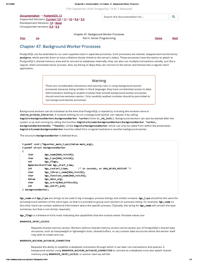 Chapter 47. Background Worker Processes: Warning | PDF | Postgre Sql | Databases
