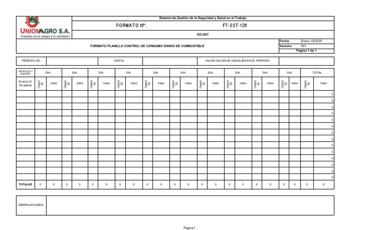 FT-SST-126 Formato Planilla Control de Consumo Diario de Combustible ...