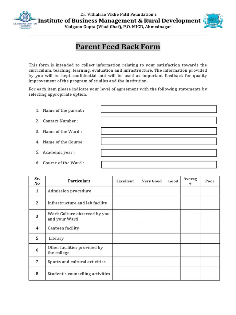 Parent Feedback Form for Business Institute | PDF | Education Theory ...