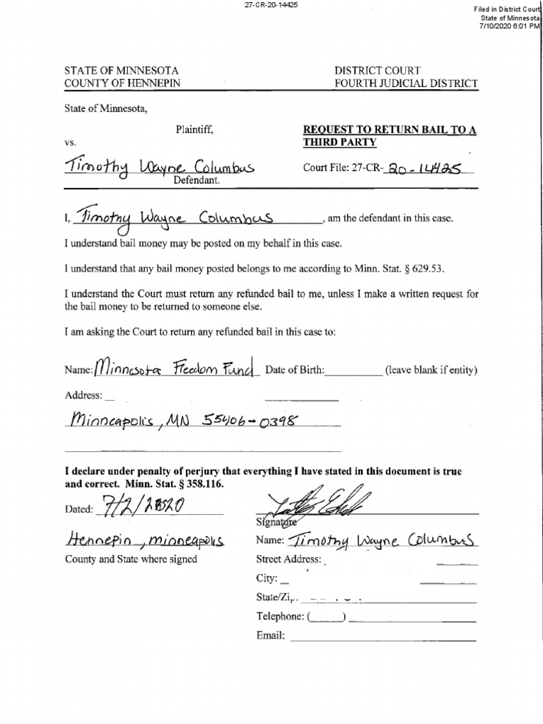 Request to Return Bail to Third Party | PDF | Practice Of Law | Misconduct