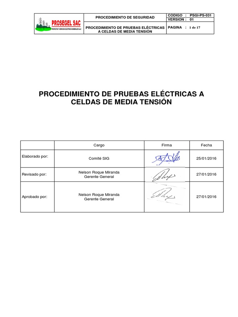 Psgi-Ps-031 Procedimiento de Mantenimiento y Pruebas Electricas de Celdas Media Tension | PDF ...