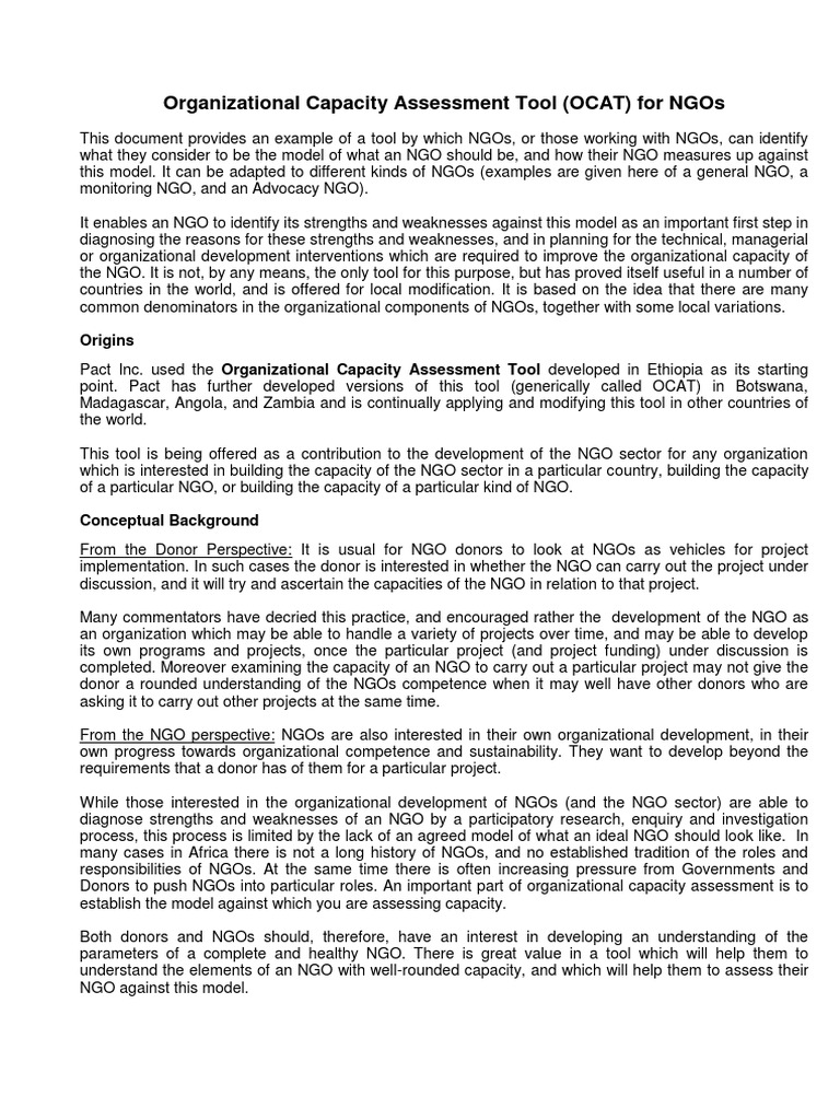 Organizational Capacity Assessment Tool (Ocat) For Ngos: Origins | PDF ...